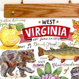 West Virginia Print, State Symbols, Illustration, Map, Charleston ...