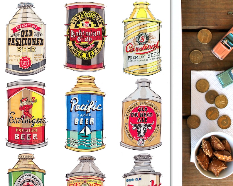 Beer Illustration. Vintage Beer Cans. Beer Print. Beer Art. Father's ...