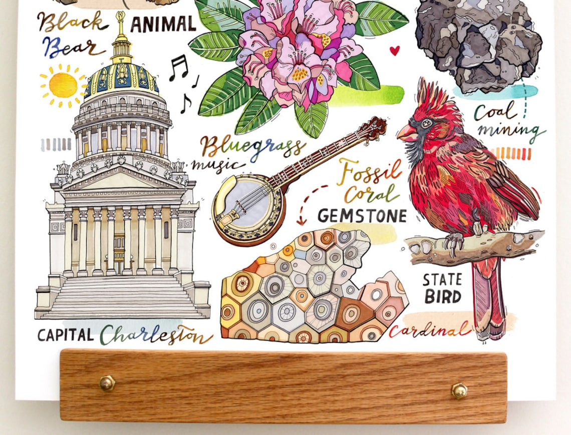 West Virginia Print State Symbols Illustration Map - Etsy