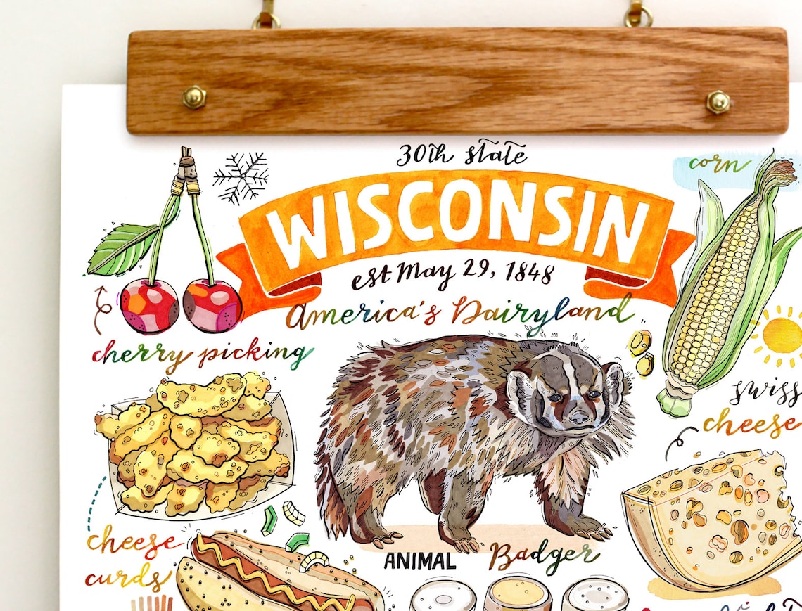 Wisconsin State Print. Illustration. the Badger State. State Symbols ...