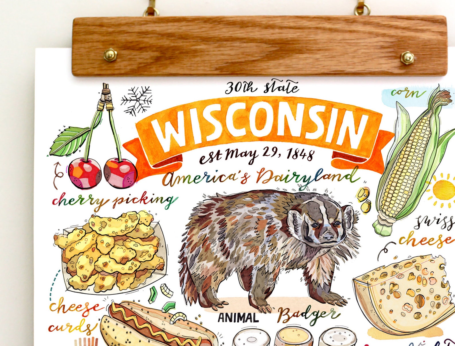 Wisconsin State Print. Illustration. The Badger State. State | Etsy