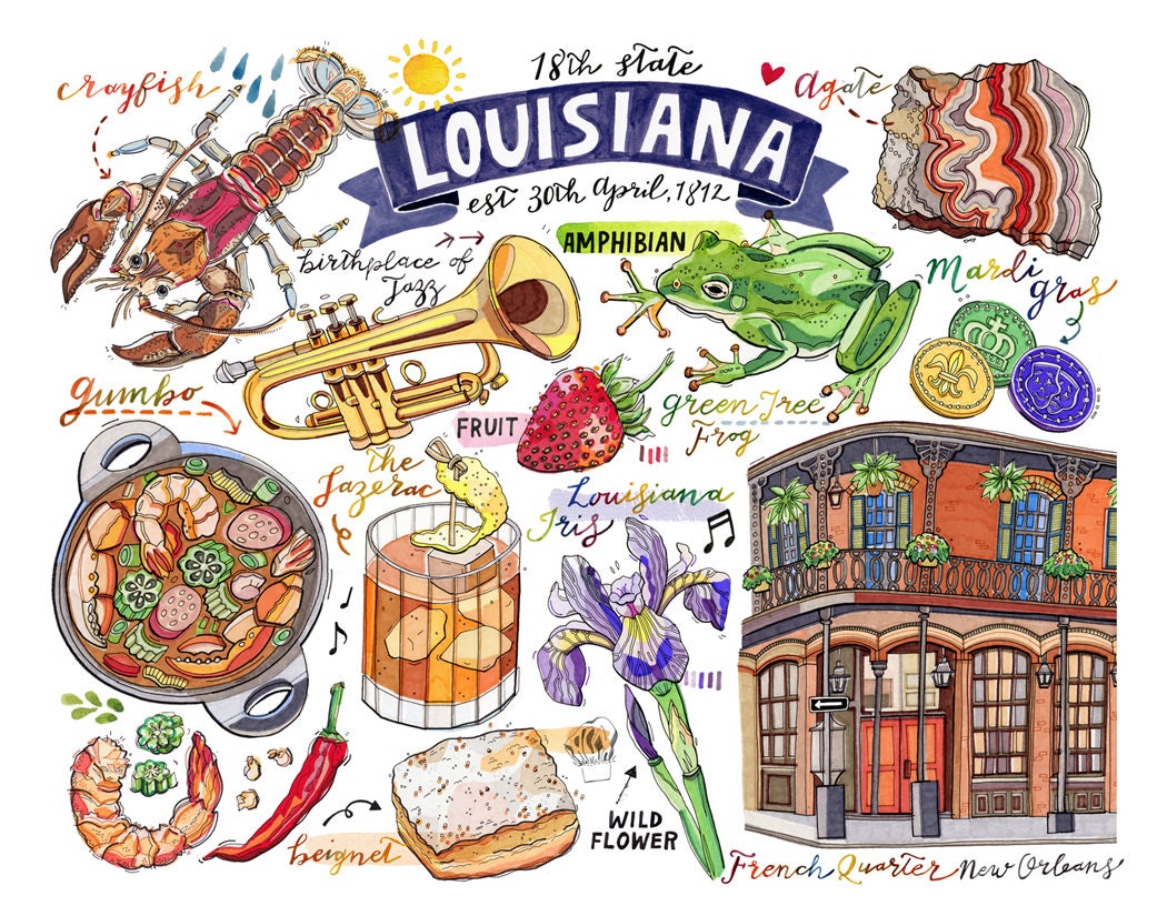 Louisiana Print Symbols Illustration New Orleans Jazz - Etsy Canada