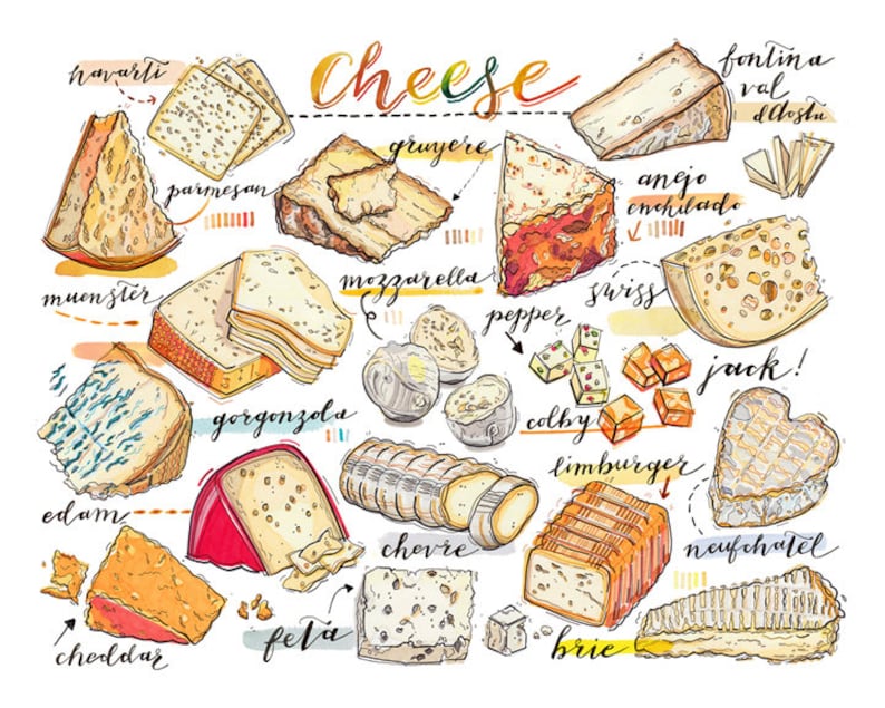 Cheese print. illustration. Kitchen decor. Food art. gourmet. | Etsy
