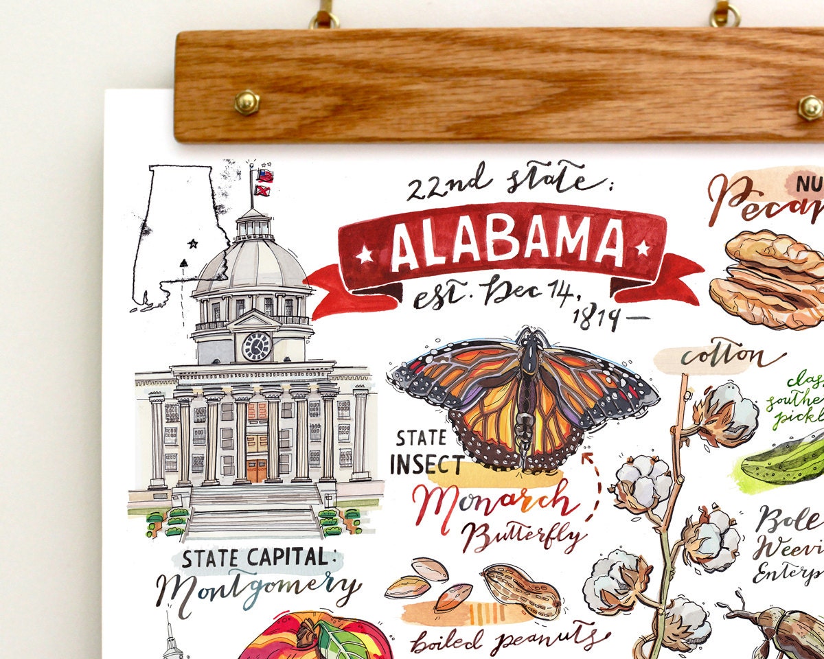 Alabama Print. Illustration. Map. Southern Pride. Art Print. State ...