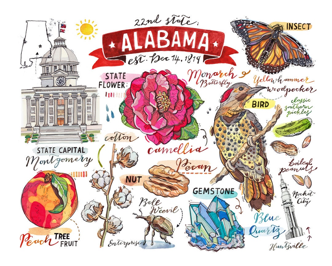 Alabama Print. Illustration. Map. Southern Pride. Art Print. State ...