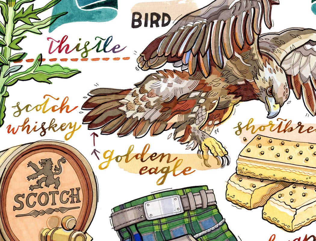 Scotland Print National Symbols Illustration Edinburgh | Etsy