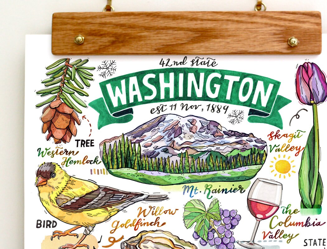 Washington State Print. Illustration. the Evergreen State. | Etsy
