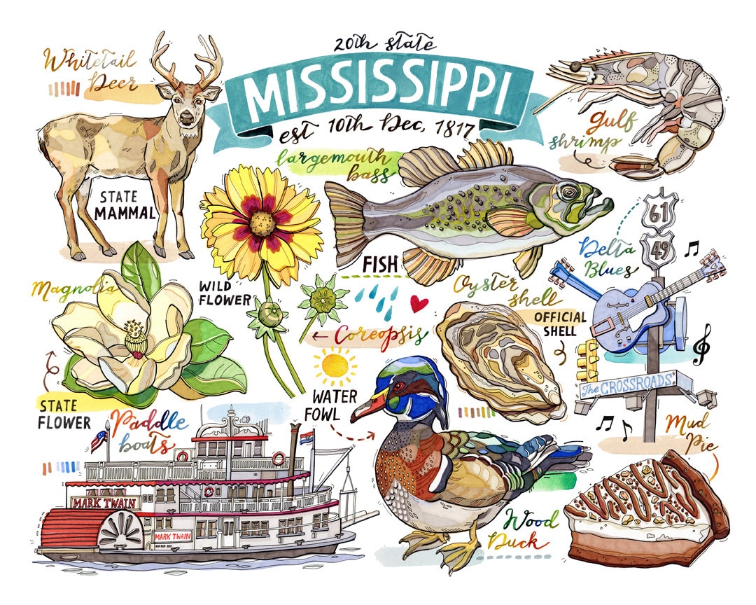 Mississippi Print State Symbols Illustration Home Decor - Etsy