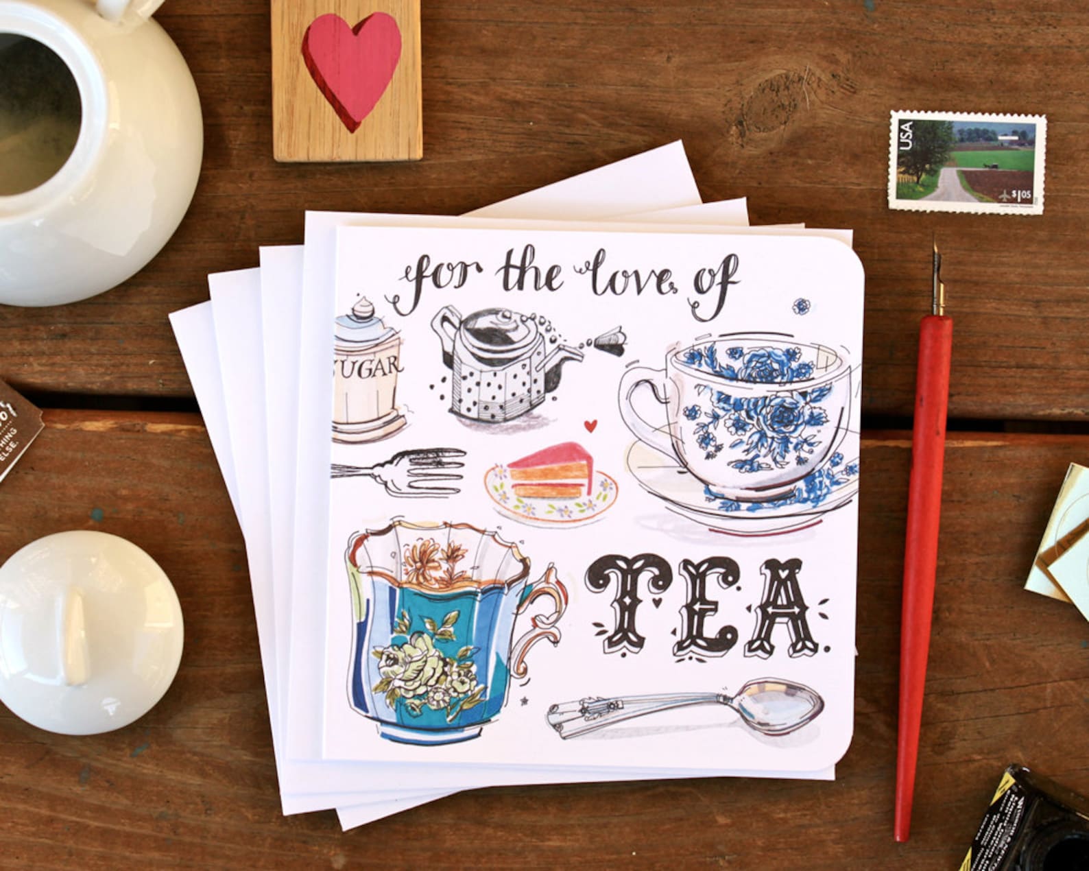 Tea Notecards. Teacups. Stationery. Set of 4. Tea Time. Cuppa. Writing ...