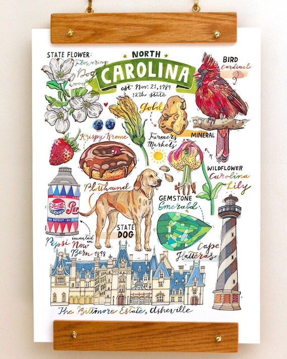 North Carolina Print State Symbols Illustration State Art - Etsy