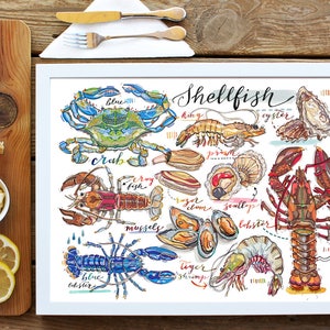 Shellfish Illustration. Seafood Print. Kitchen Decor. Fish Art. Food ...