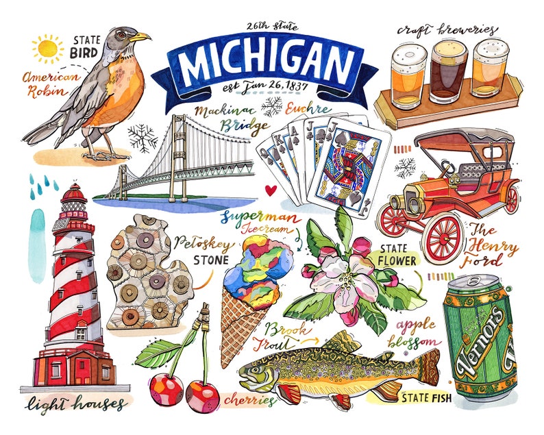 Michigan State Print. Illustration. State Symbols. the - Etsy