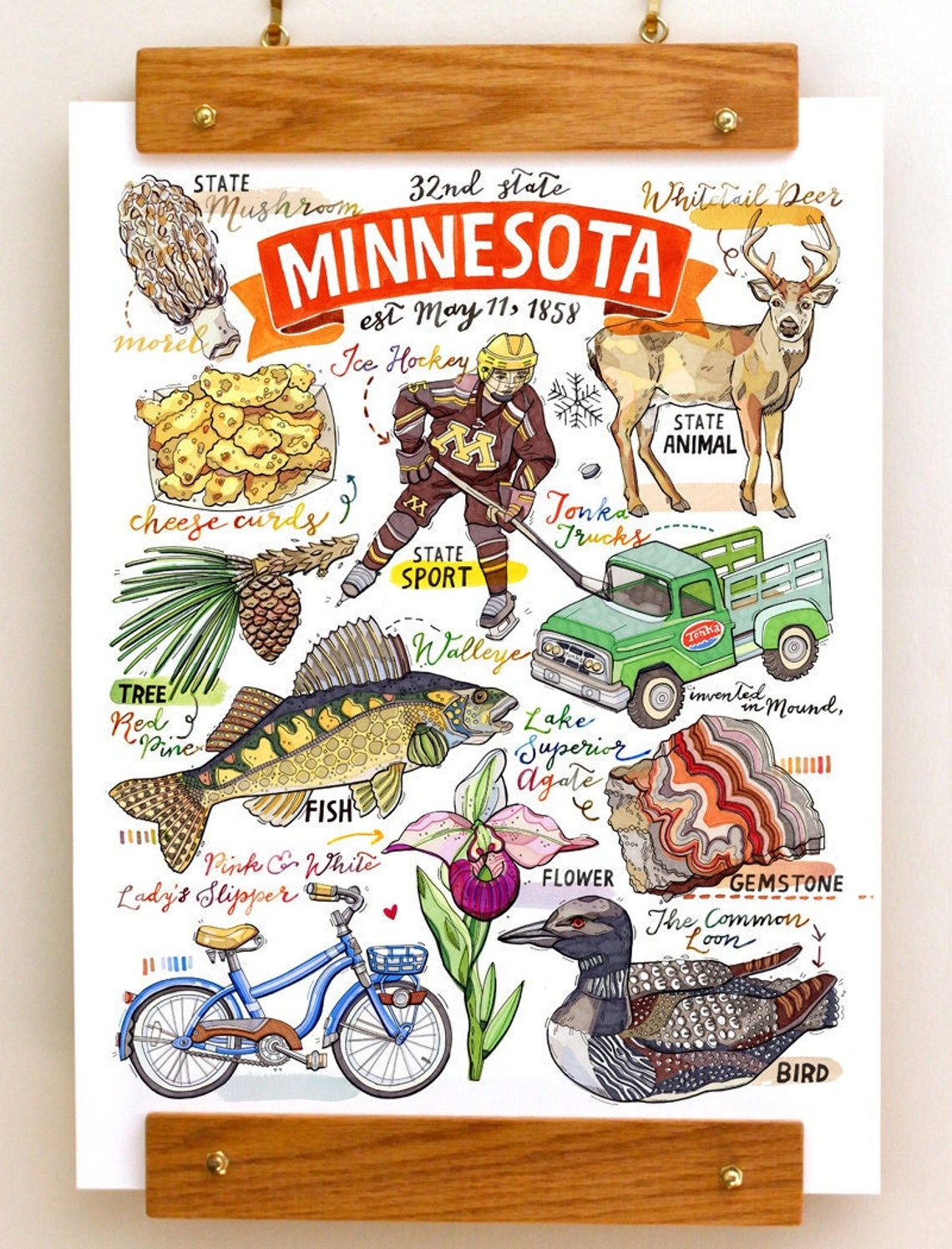 Minnesota State Print. Illustration. Map. State Symbols. Bird. - Etsy