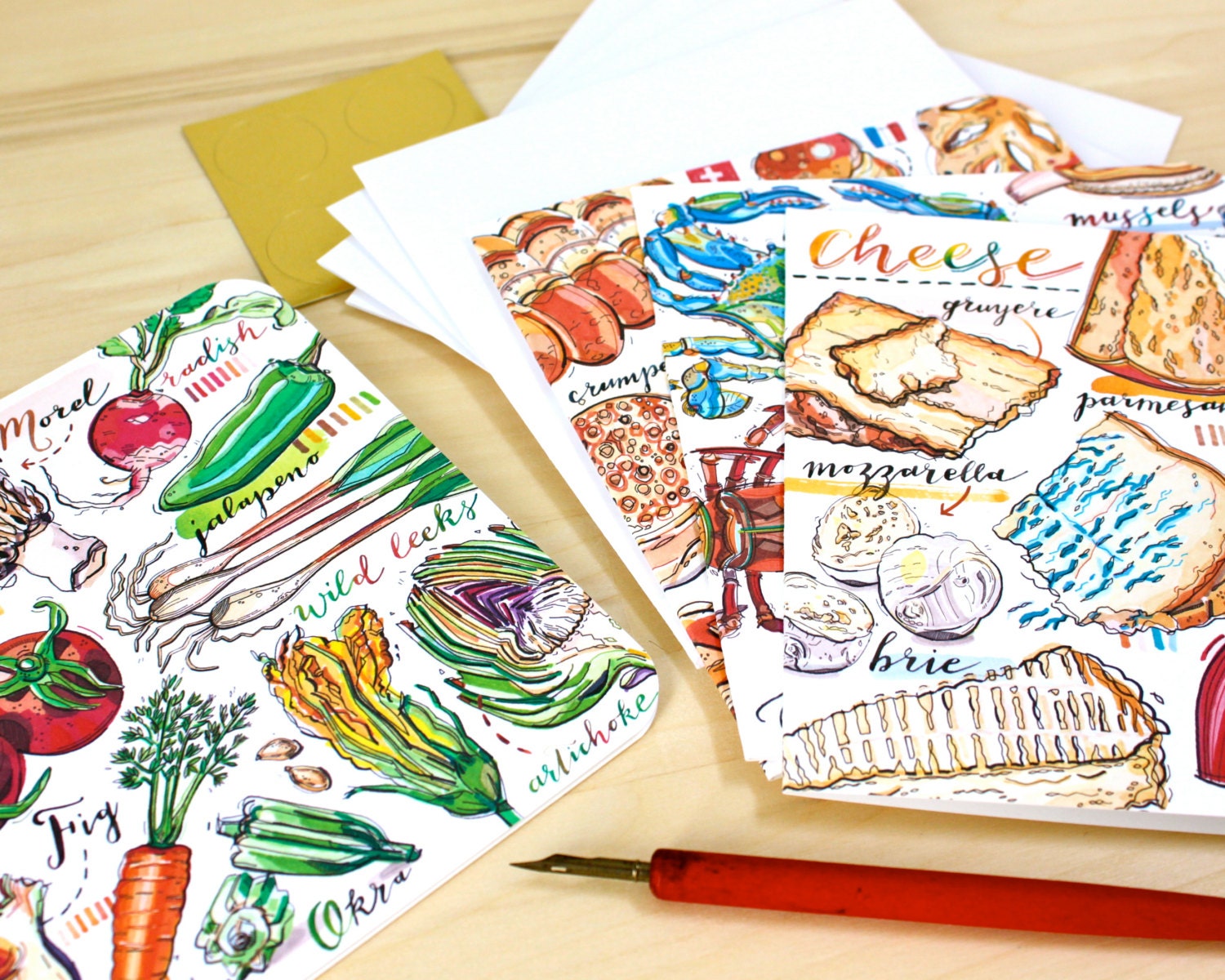 Foodie Notecards. Writing set. Food illustration. Cheese | Etsy