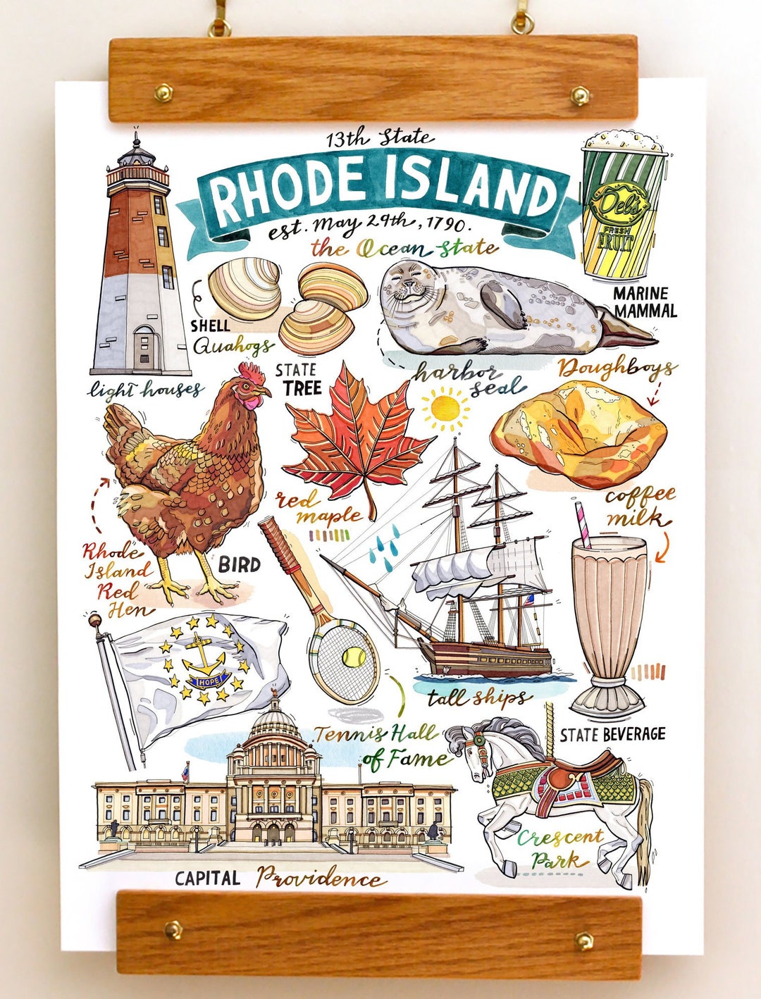 Rhode Island Print, the Ocean State. Illustration. - Etsy