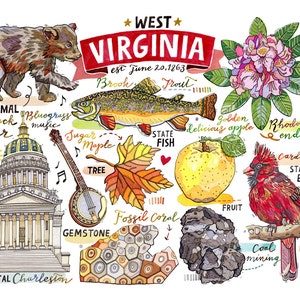 West Virginia Print, State Symbols, Illustration, Map, Charleston ...