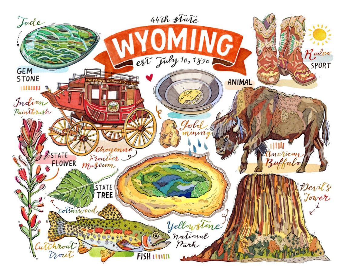 Wyoming State Print Illustration State Symbols the Cowboy - Etsy