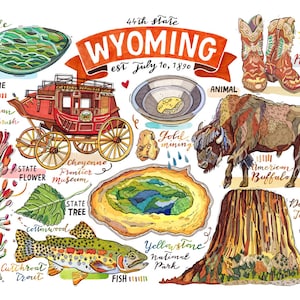 Wyoming State Print, Illustration, State Symbols, the Cowboy State ...