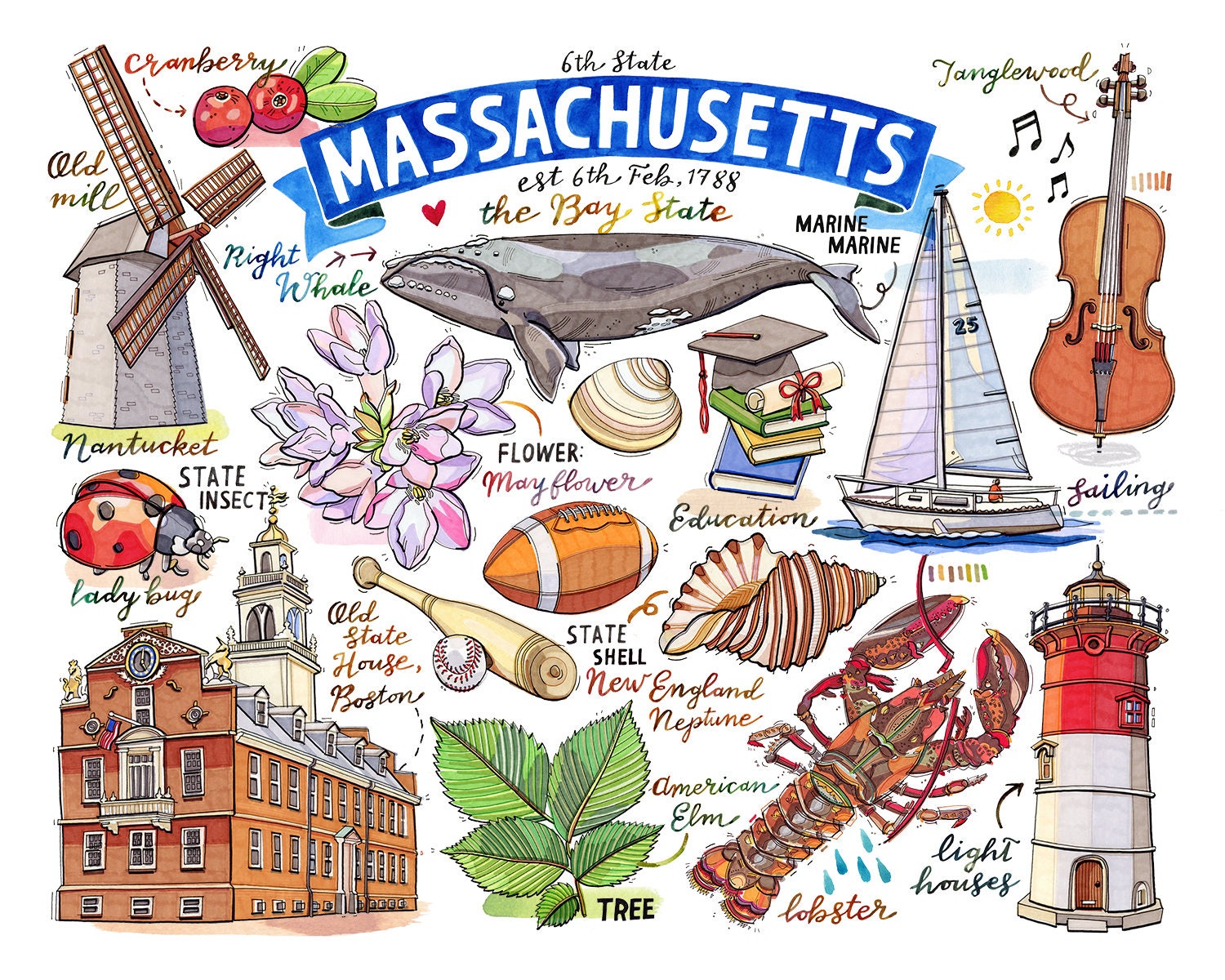 Massachusetts Print, the Bay State. Illustration. - Etsy
