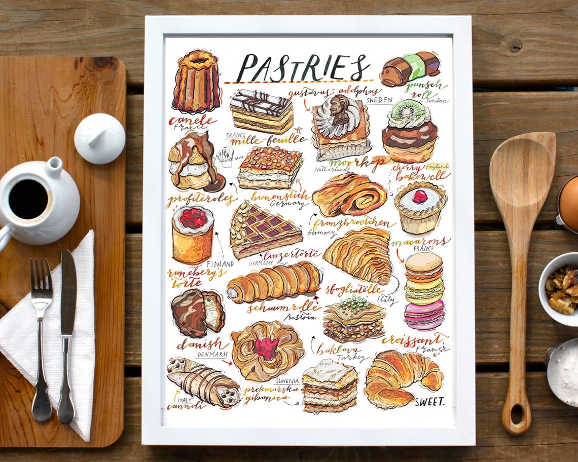 Pastries Print. Bakery. Kitchen Decor. Food Illustration. - Etsy