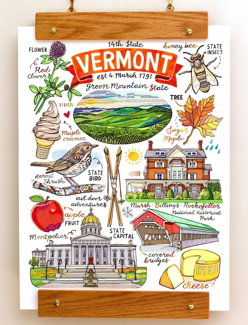 Vermont State Print. Illustration. - Etsy