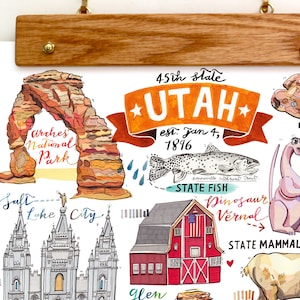 Utah Print. Illustration. Beehive State. Map. State Symbols. Landmarks ...