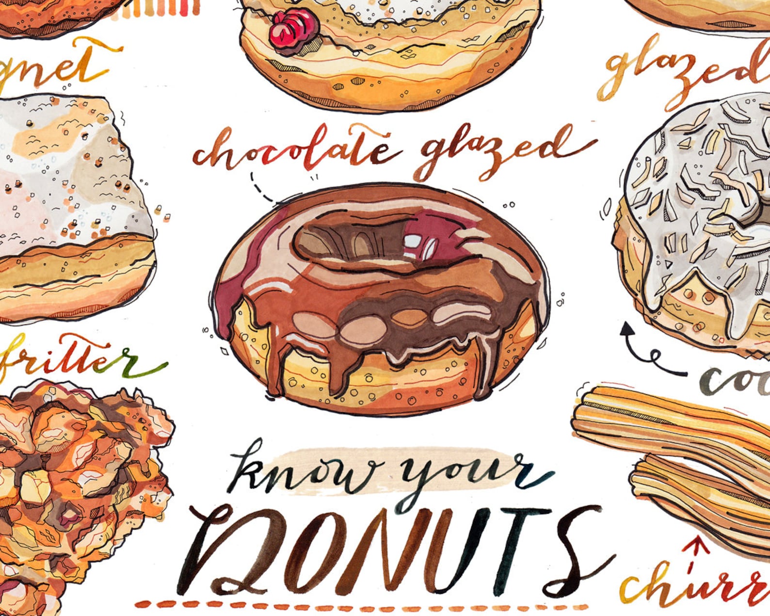 Donuts Print. Doughnuts. Illustration. Kitchen Decor. Food Art. Sweets ...