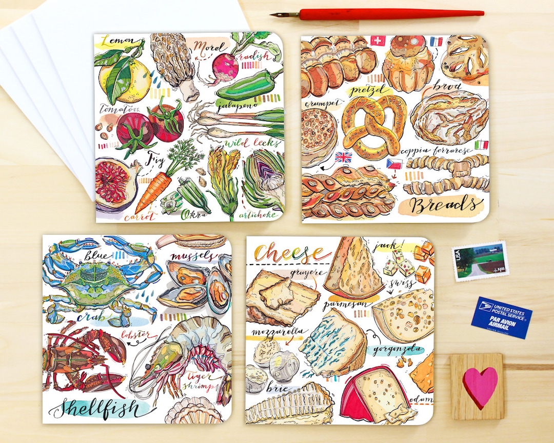 Foodie Notecards. Writing Set. Food Illustration. Cheese, Shellfish ...