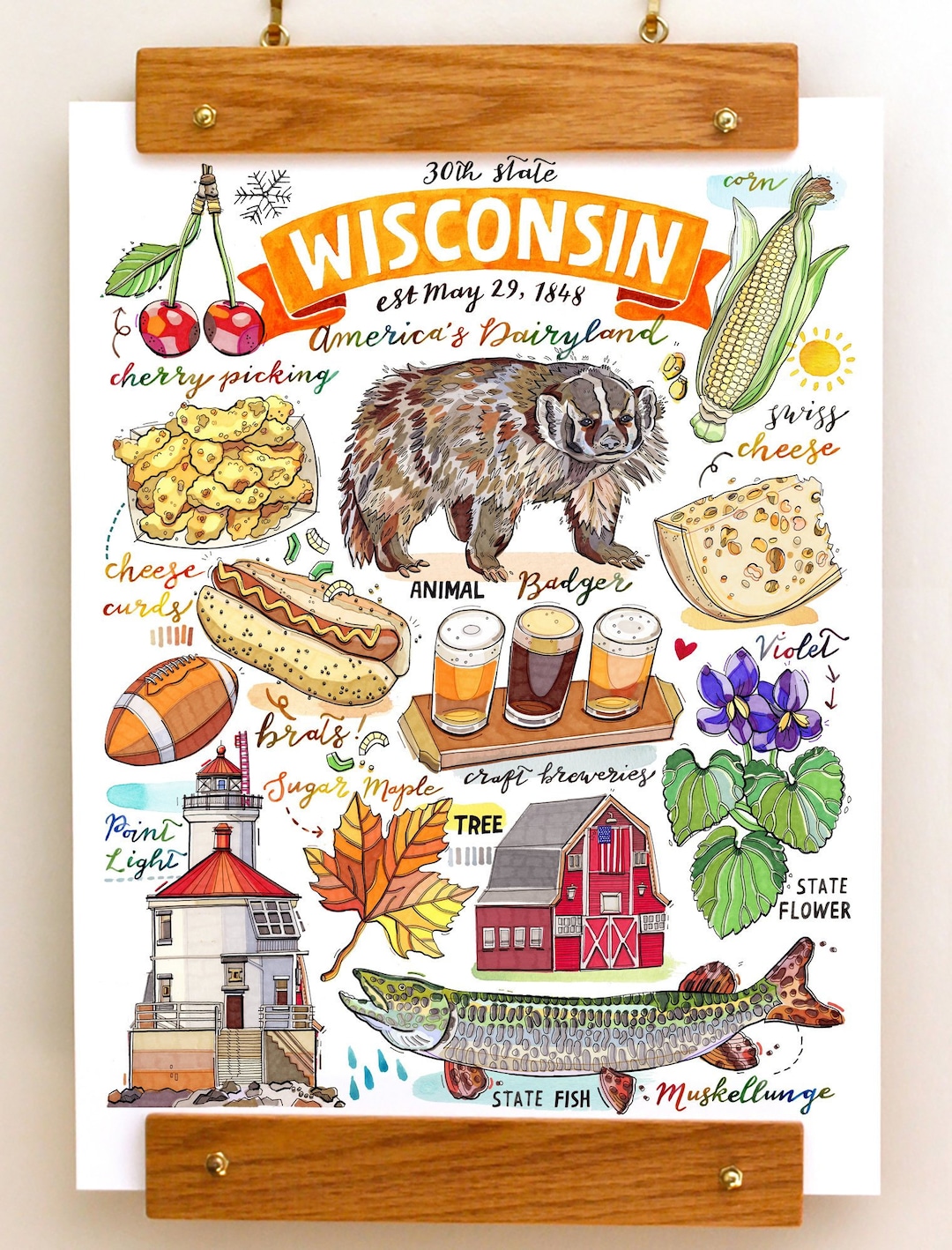 Wisconsin State Print. Illustration. the Badger State. State Symbols ...