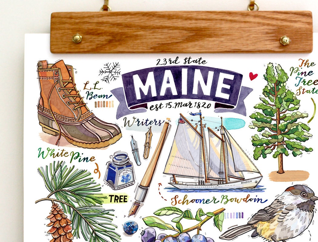 Maine State Print. Illustration. the Pine Tree State. | Etsy