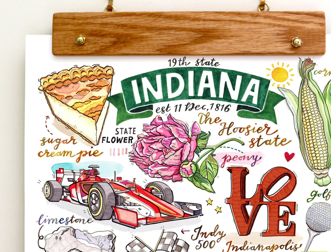 Indiana State Print. Illustration. the Hoosier State. - Etsy