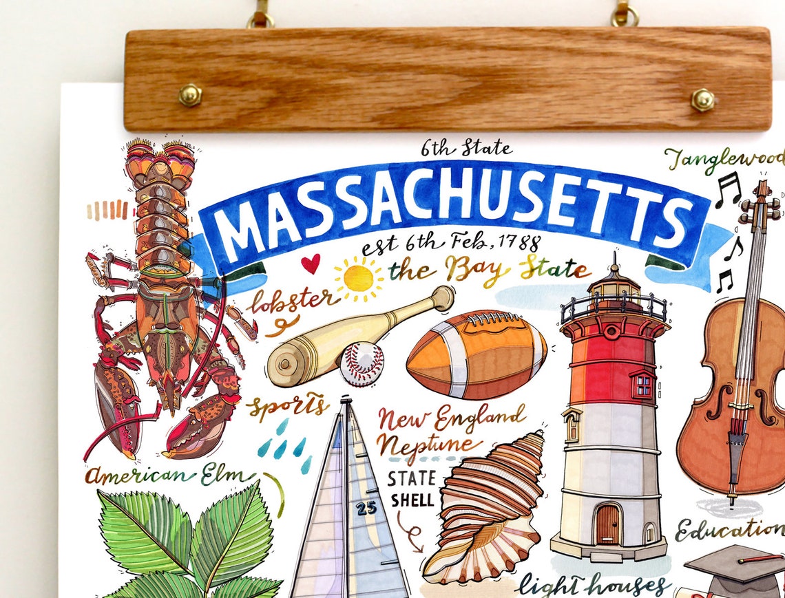 Massachusetts Print, the Bay State. Illustration. - Etsy