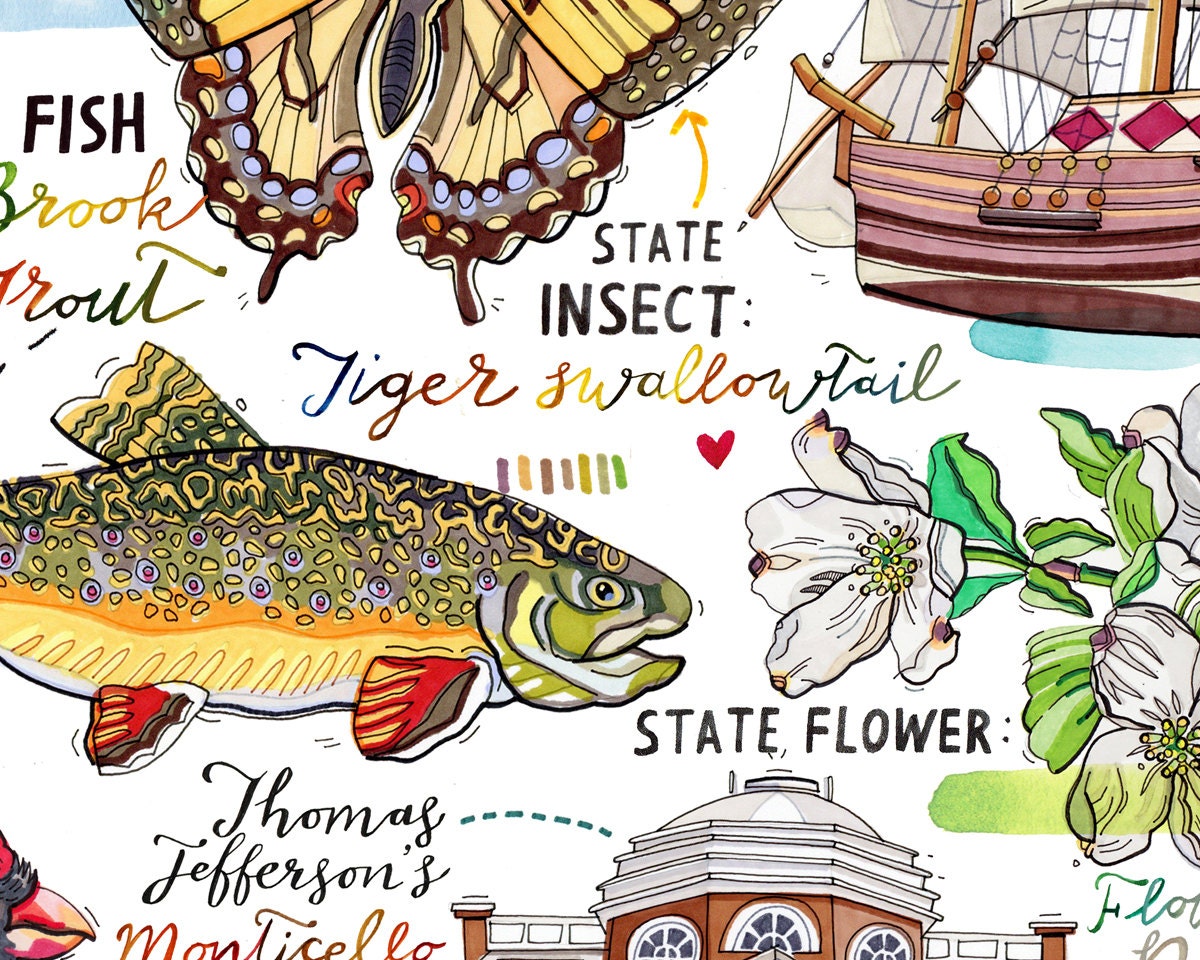 Virginia Print, Illustration, State Symbols, Old Dominion. - Etsy