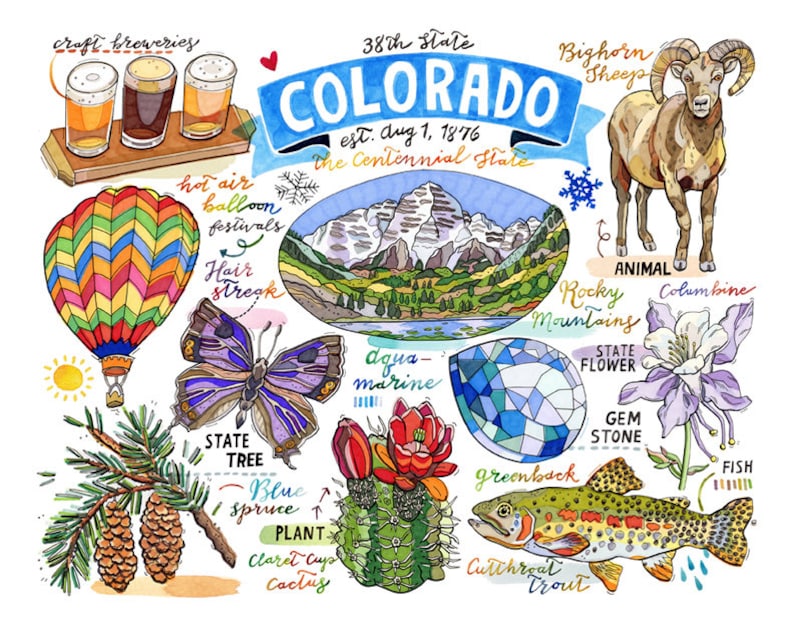 Colorado Print, State Symbols, Rocky Mountains, the Centennial State ...