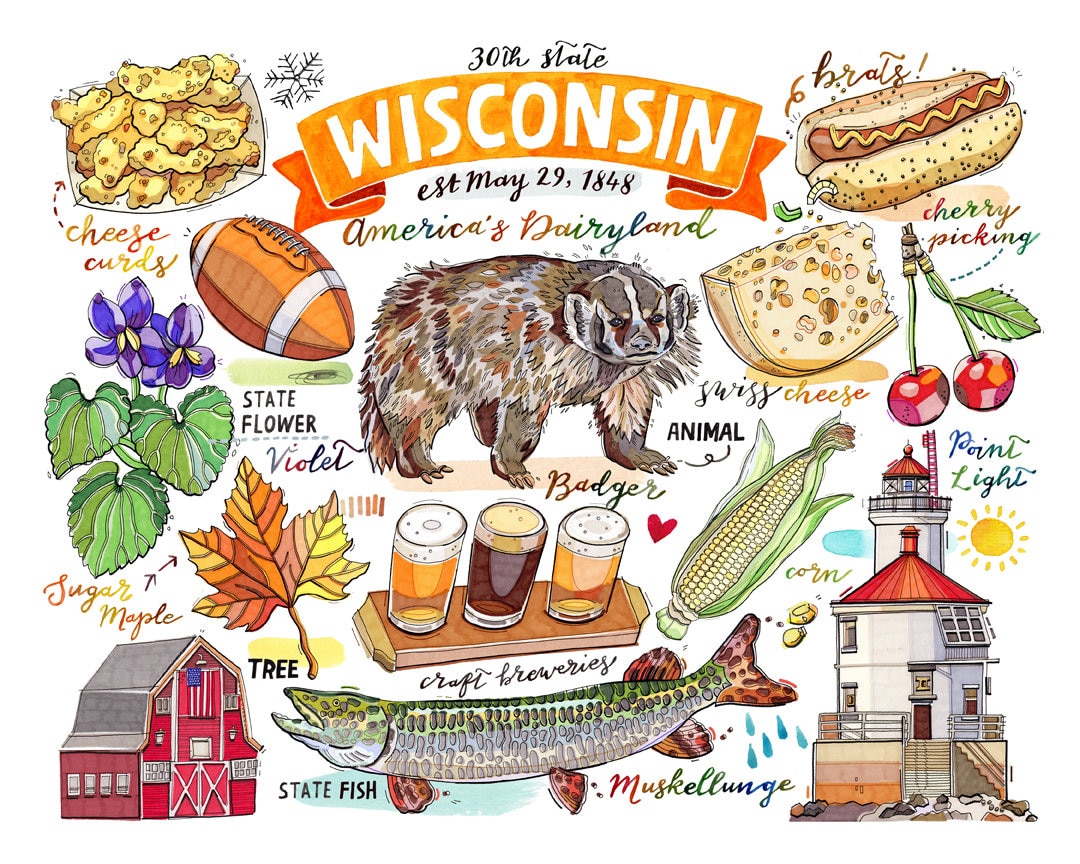 Wisconsin State Print. Illustration. The Badger State. State | Etsy