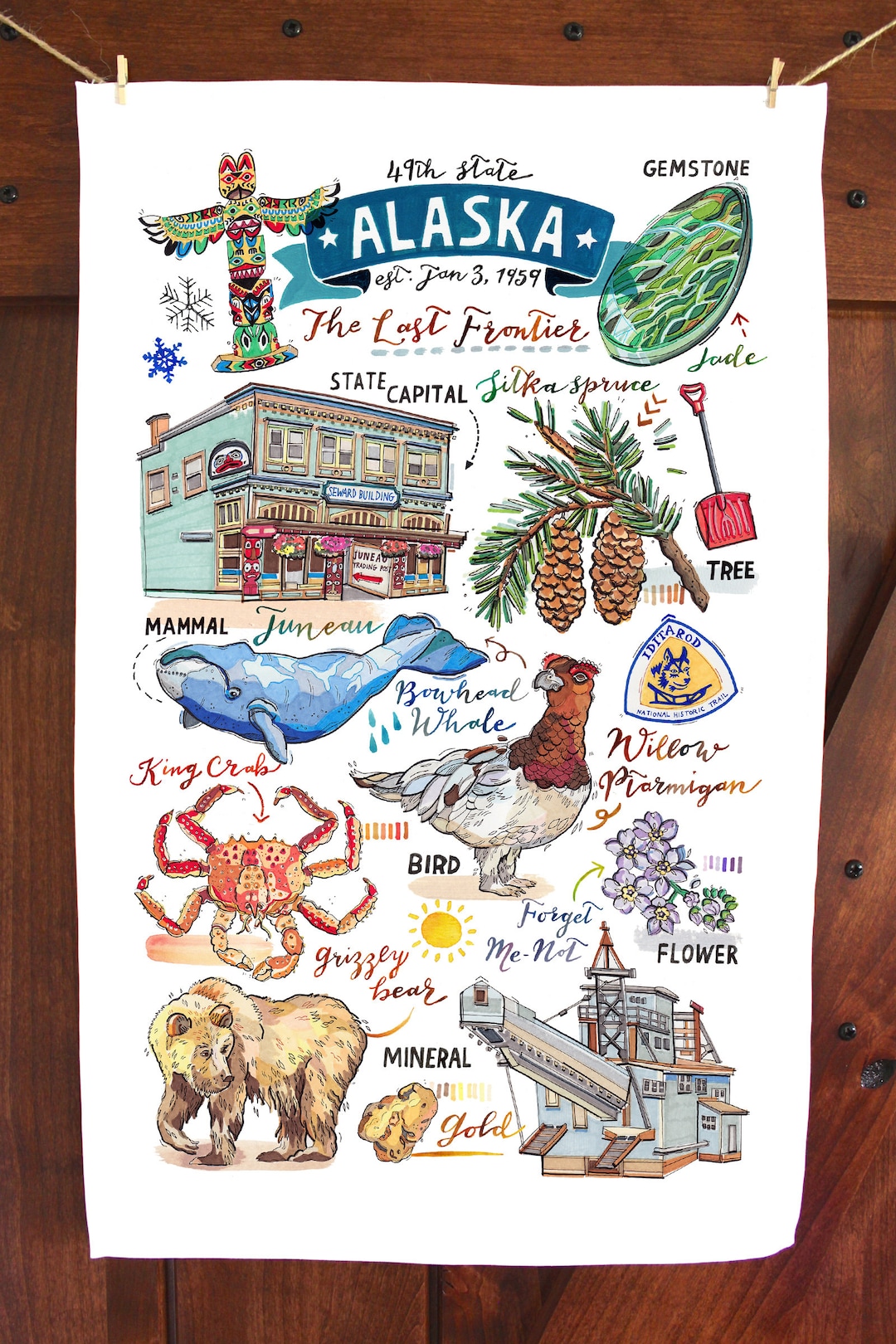 Alaska Tea Towel. Kitchen Decor. Handmade. State Art. Illustration. - Etsy