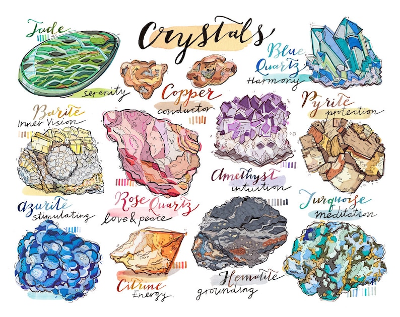 Healing Crystals Print. Gemstones Illustration. Rocks and - Etsy