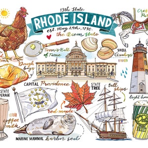 Rhode Island Print, the Ocean State. Illustration. - Etsy