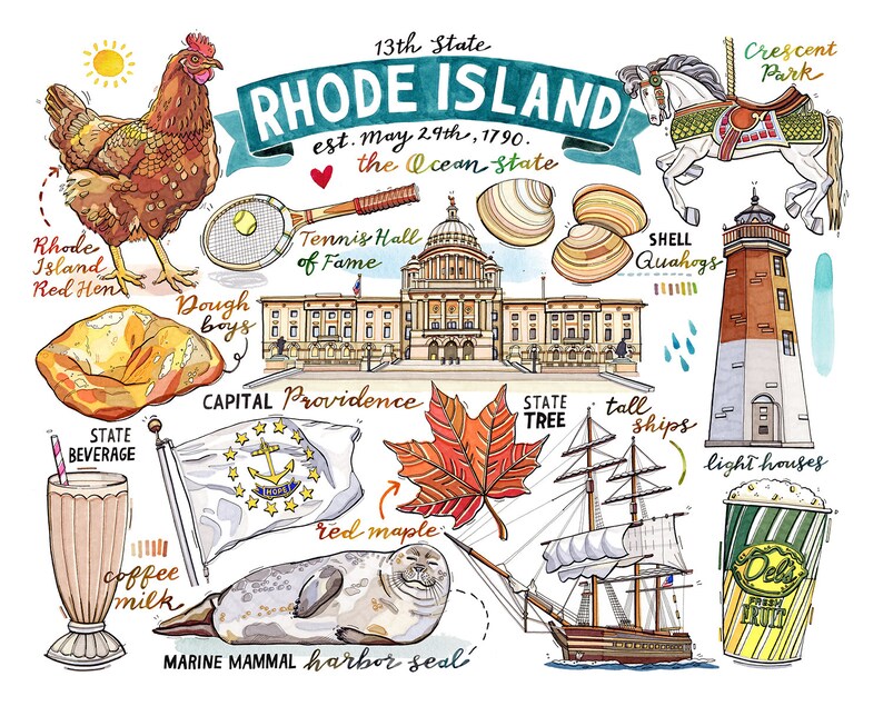 Rhode Island Print the Ocean State. Illustration. - Etsy
