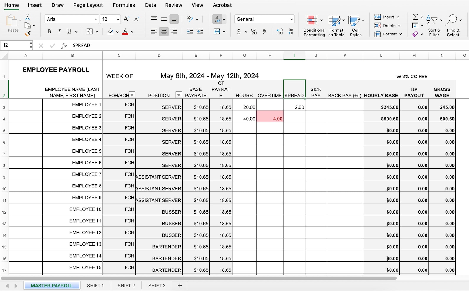 Restaurant/cafe Payroll Timesheet Excel & Google Sheets | 2024 Digital ...