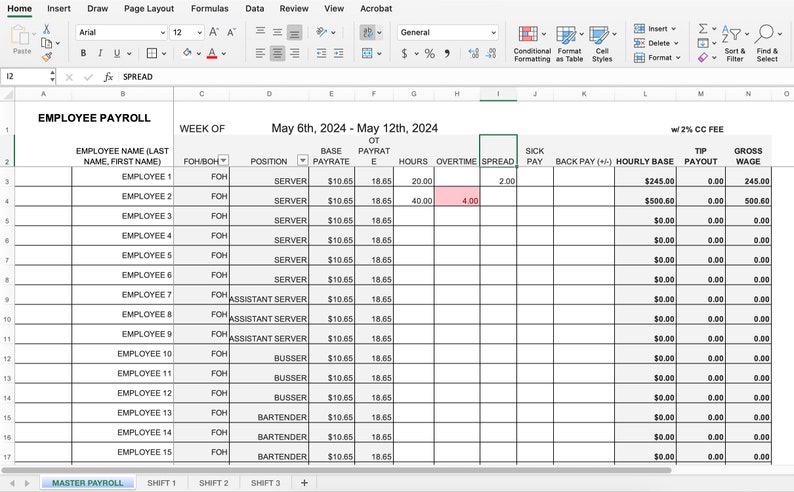 Restaurant/cafe Payroll Timesheet Excel & Google Sheets | 2024 Digital ...