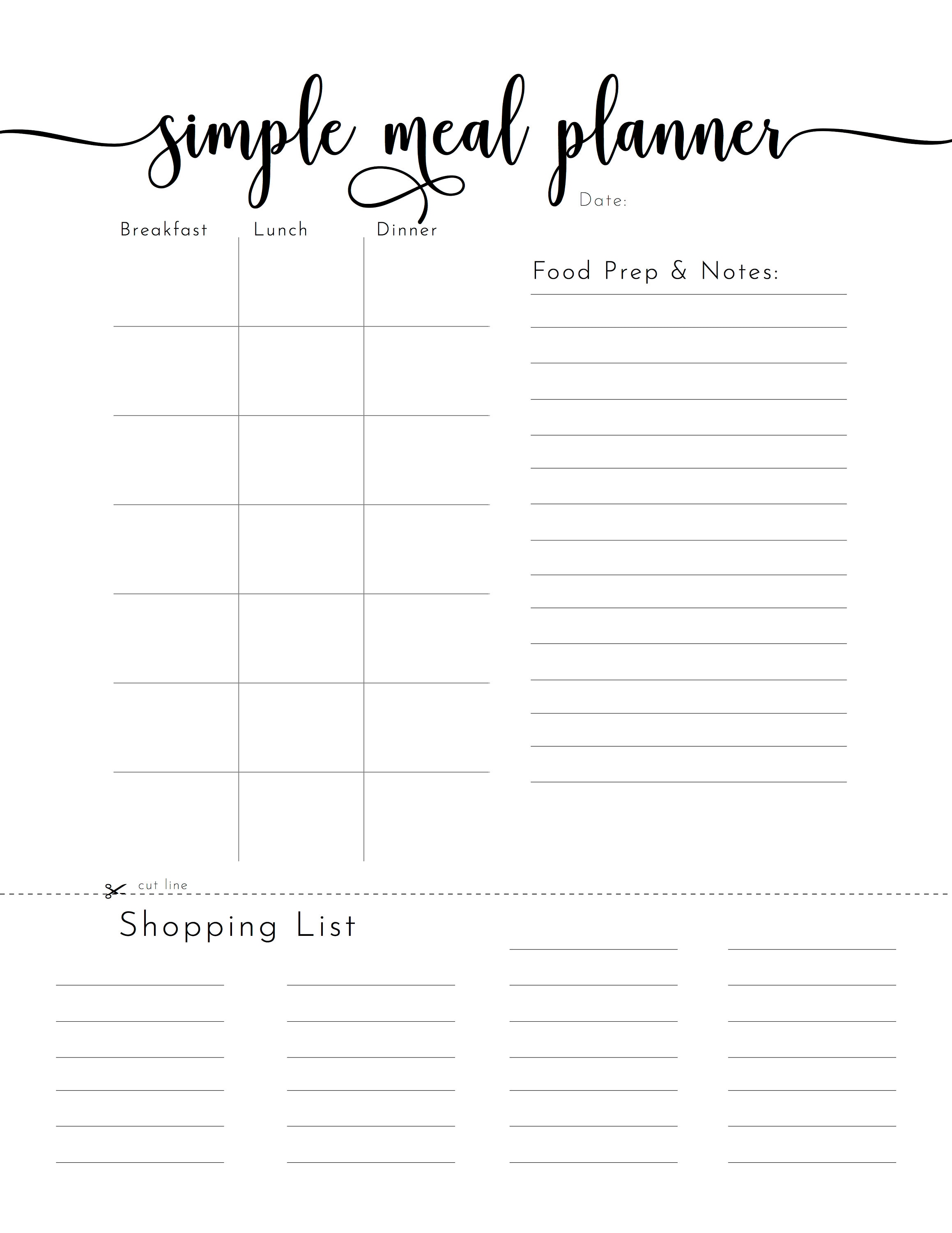 14 Day Meal Plan 1 Page Printable Instant Download Simple Design Black ...
