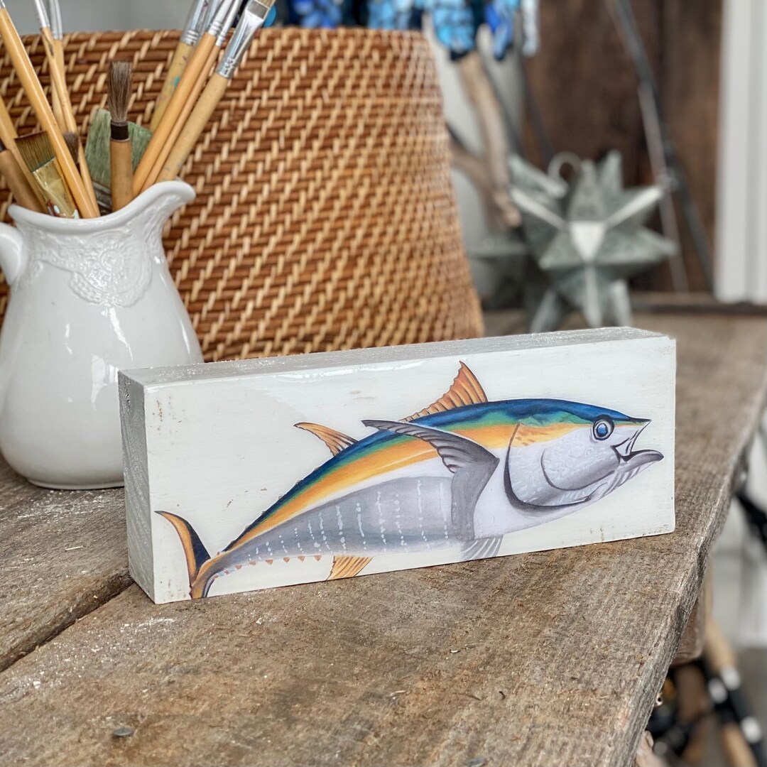 Yellowfin Tuna Art Print on Reclaimed Wood Block W Resin Top Coat. Tuna ...
