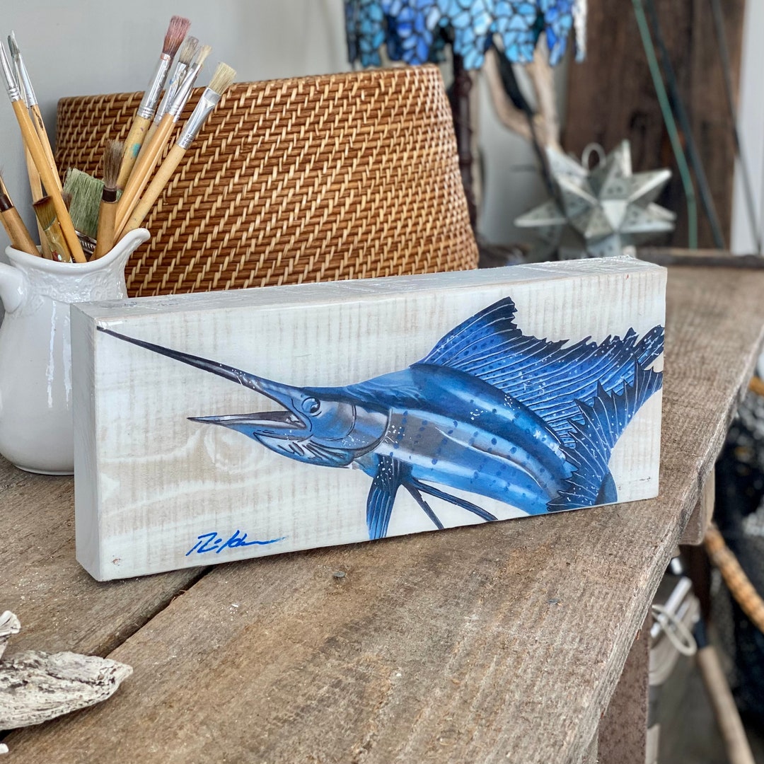 Sailfish realistic painting on wood w/ resin top coat. Small beach ...