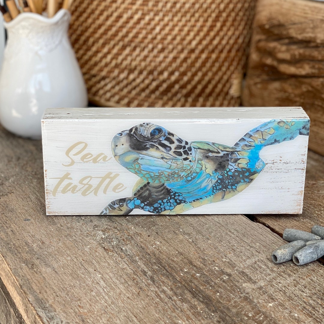 Sea Turtle Art Print on Wood Sea Turtle Painting Coastal Shelf - Etsy