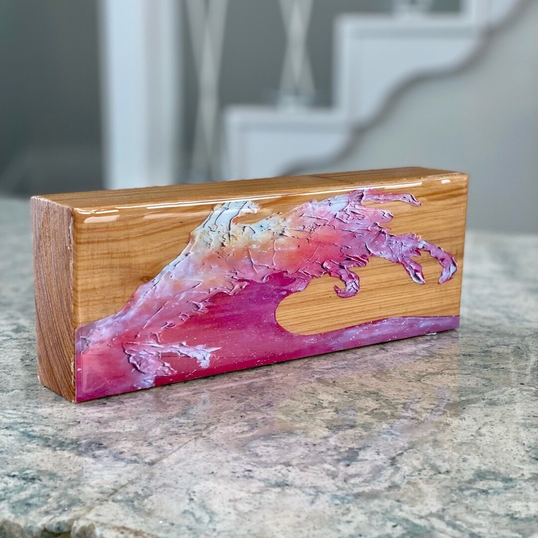 Ocean Wave Painting on Wood W Resin Top Coat. Pink Wave Art on Wood ...