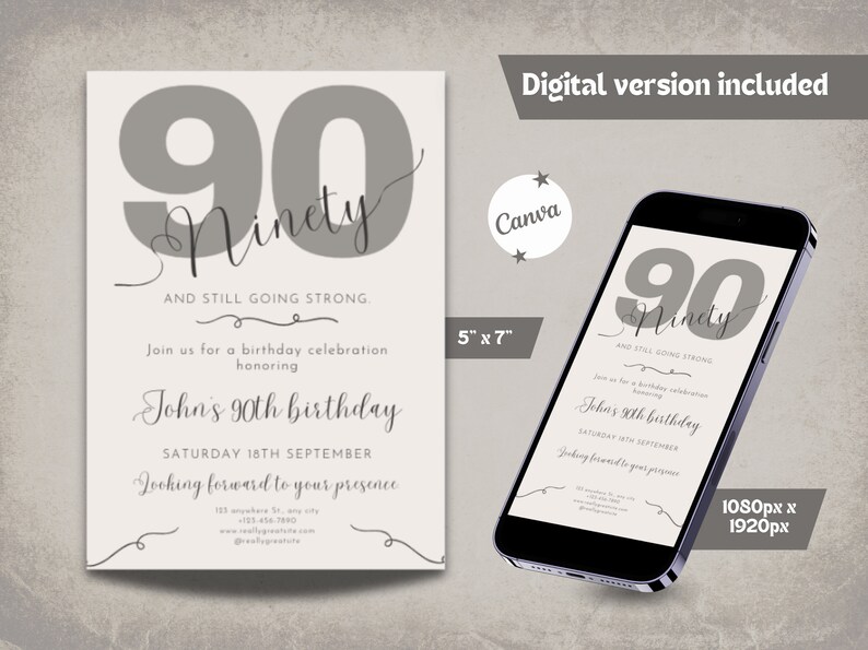 90th Birthday Invite, Elegant 90th Birthday Minimalist Invitation ...