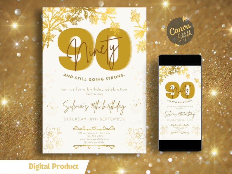 90th Birthday Invite, Elegant 90th Birthday Floral Invitation, Simple ...