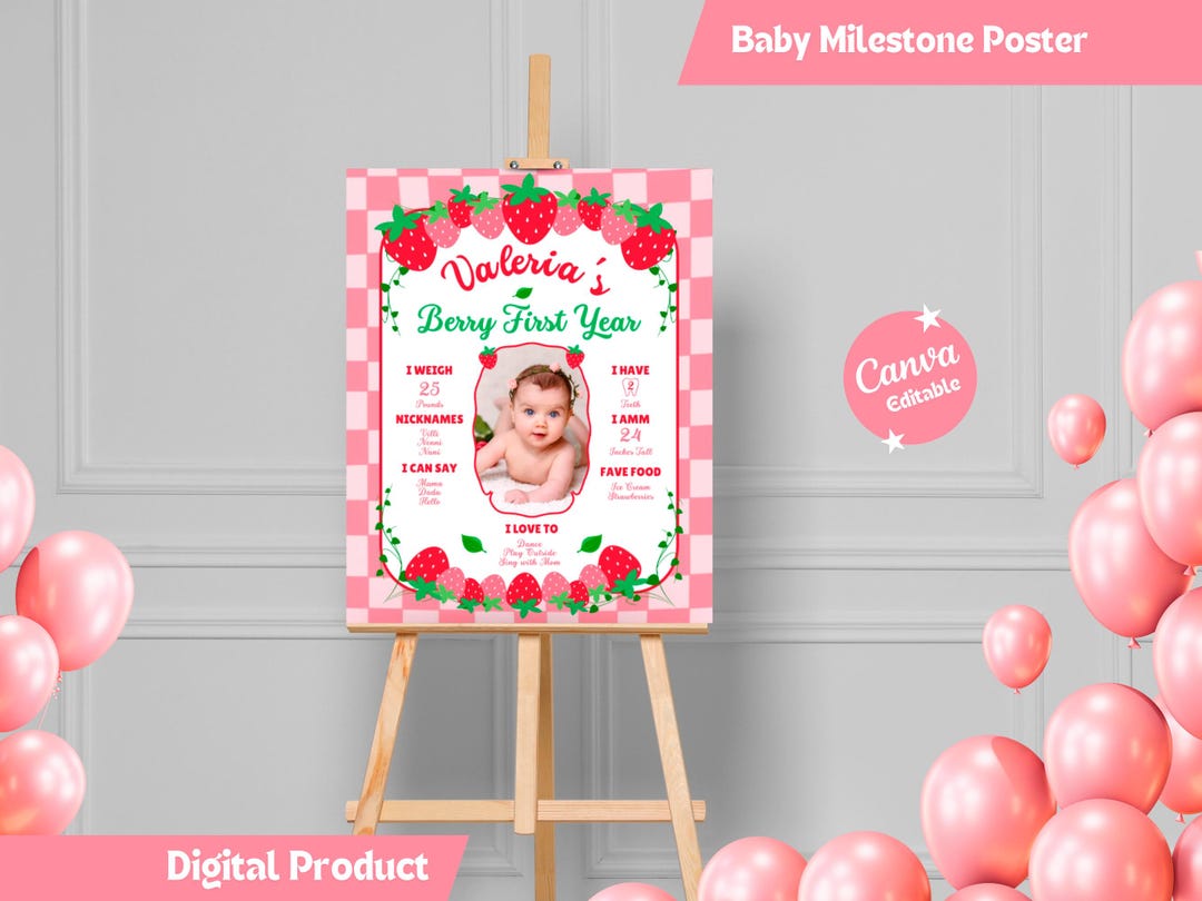 Berry First Birthday Milestone Poster, Editable Strawberry 1st Birthday ...