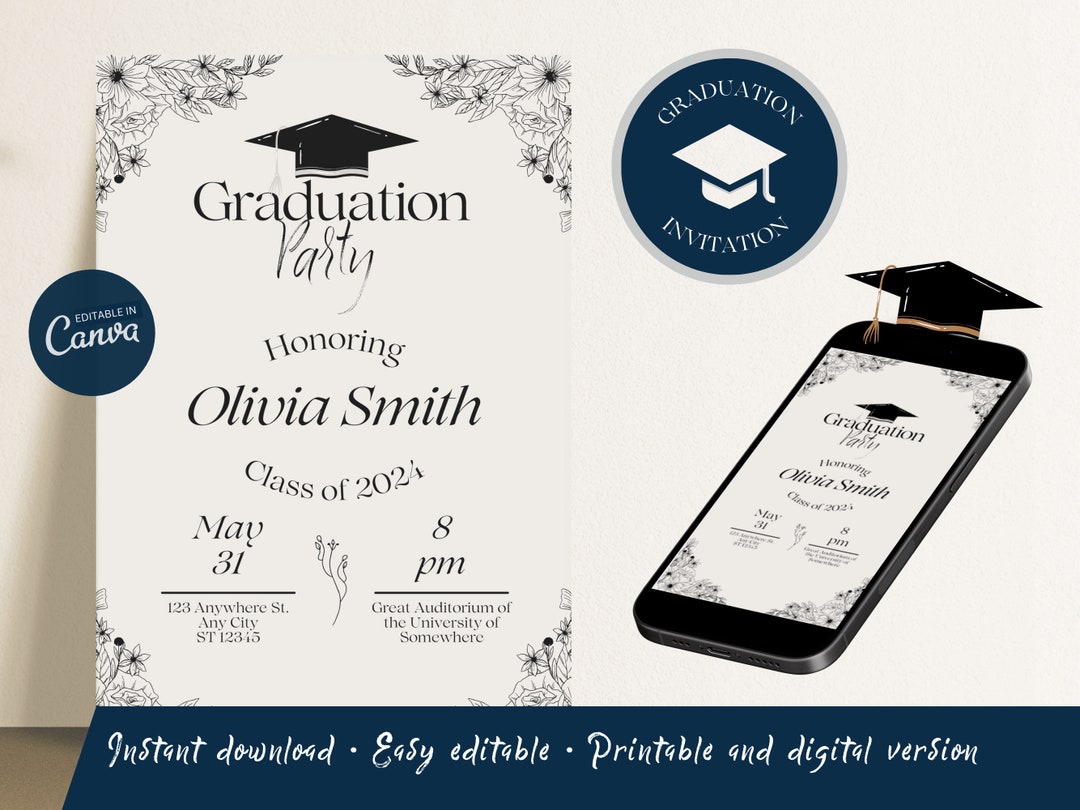 Customizable Graduation Invitation Canva Template Custom Digital ...